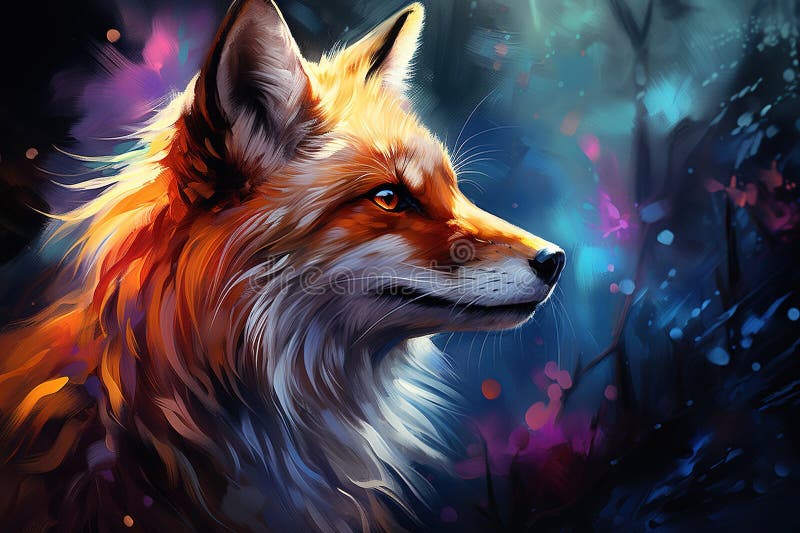 Bright Multicolored Illustration Portrait of Red Fox Digital Oil Style ...