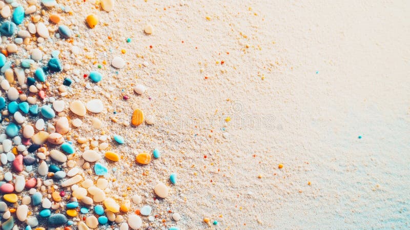 Bright Multicolored Pebbles Scattered on Sandy Shore Create an Artistic ...