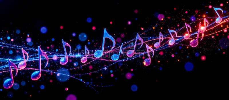 Bright Music Notes Floating on Dark Backdrop with Neon Colors and Light ...