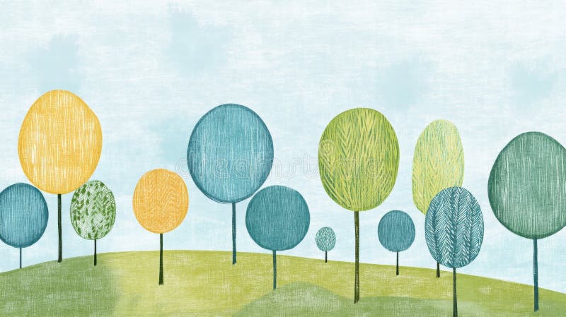 Bright Naive Art Landscape Featuring Colorful Trees with Copy Space for ...