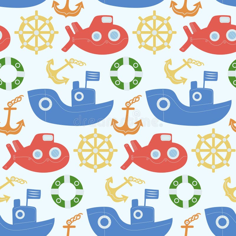 Bright Nautical Vector Pattern Featuring Boats, Submarines, Anchors, and Steering Wheels for ...