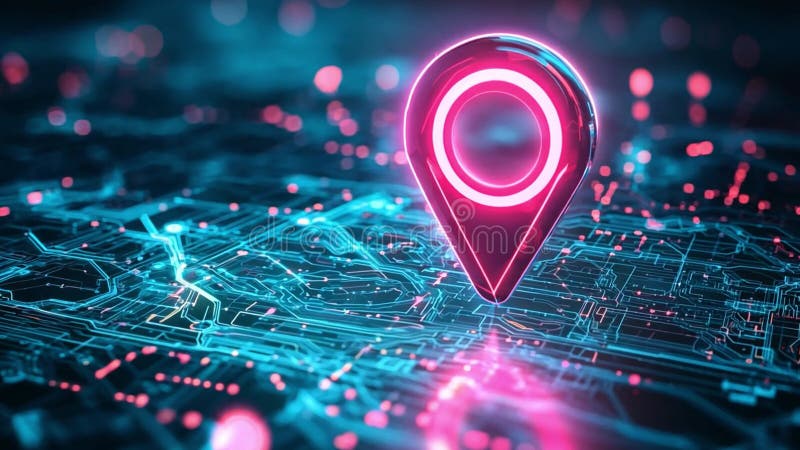 Bright Navigation Pin Glowing Against a Digital Map Background Stock ...