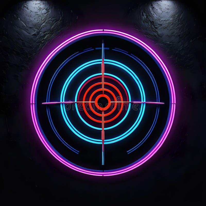 Bright Neon Circle Target with Dart Illuminated Against a Dark Black ...