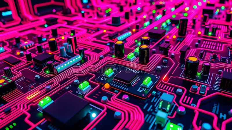 Bright Neon Circuit Board with Glowing Components and Electrical ...