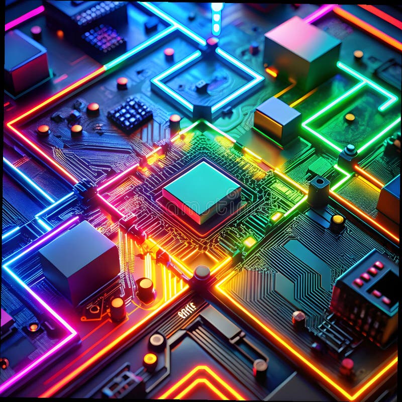 A Bright Neon-colored Circuit Board Featuring Glowing Components Stock ...