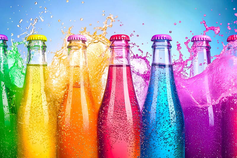 Bright Neon-colored Soda Bottles Explode with Fizzy Bubbles, Reflecting ...