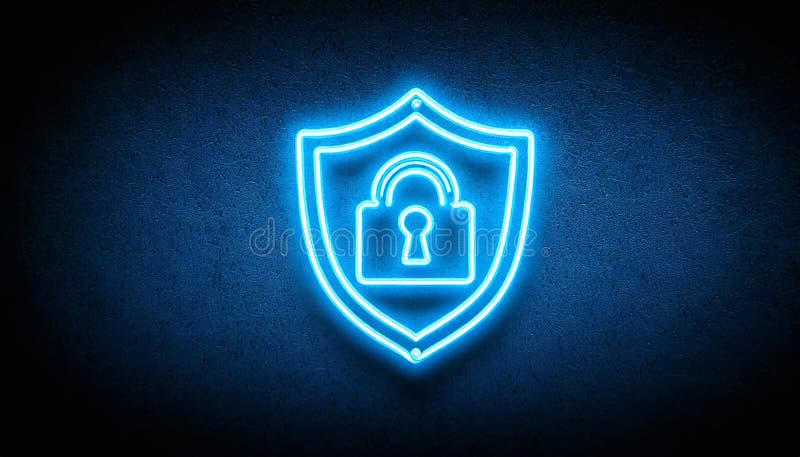 Bright Neon Icon Depicting a Shield with a Locked Padlock Signifies ...