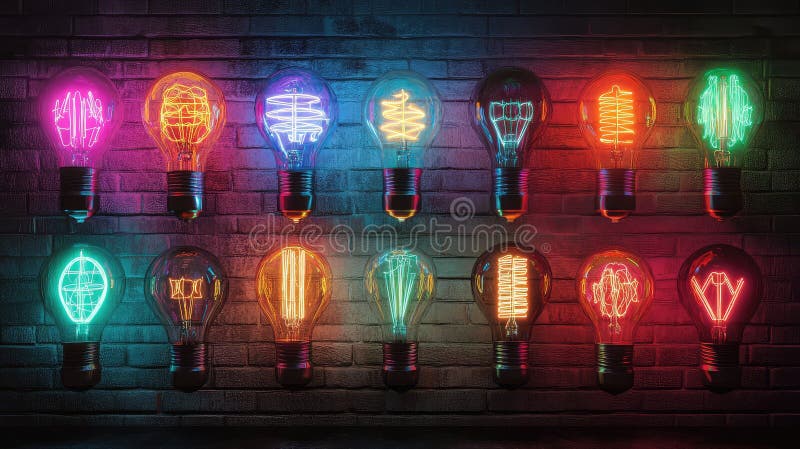 Bright Neon Lightbulb Display Symbolizing Innovation and Bright Ideas ...