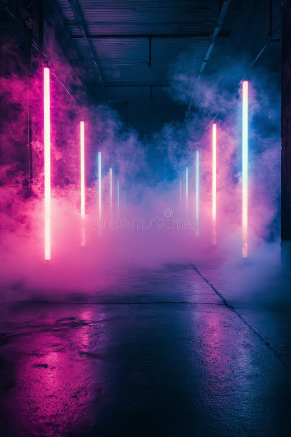 Bright Neon Columns Illuminate a Smoke Filled Space in an Artistic ...