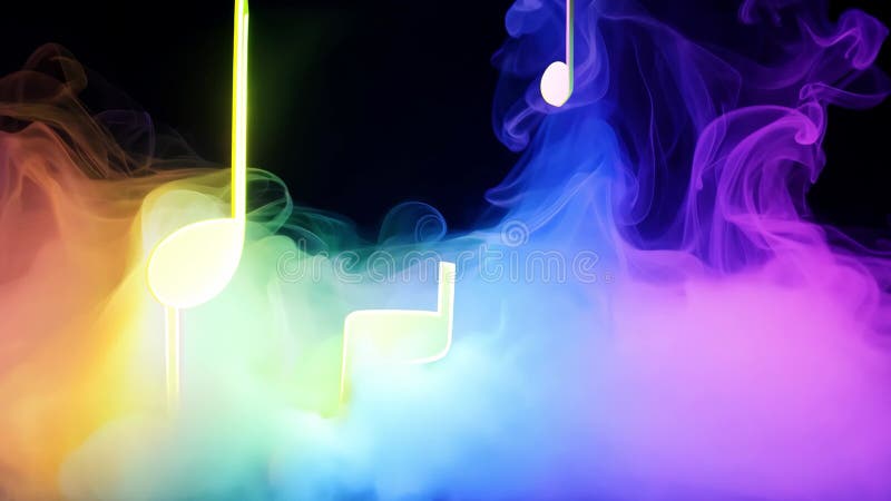 Bright Neon Musical Notes in Various Colors with Smoke Effects and ...