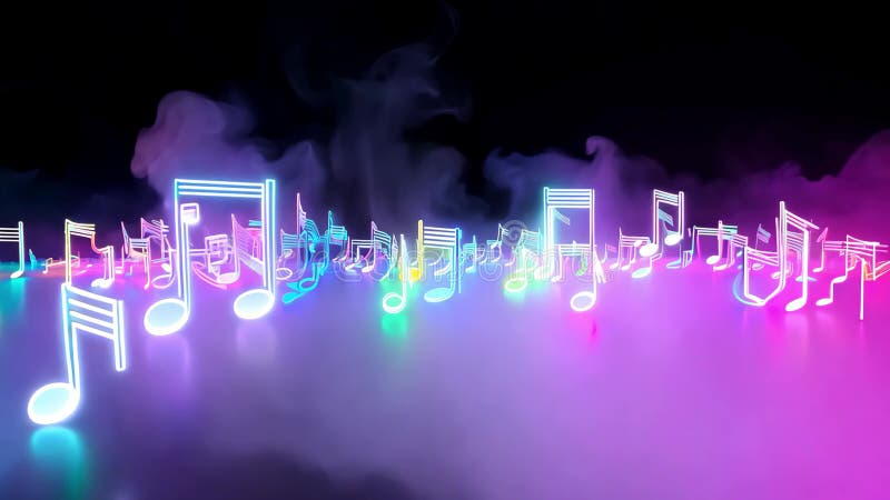 Bright Neon Musical Notes in Various Colors with Smoke Effects and ...