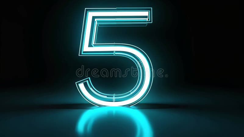 A Bright Neon Number Five Emits Blue Light in a Dark Setting, Creating ...
