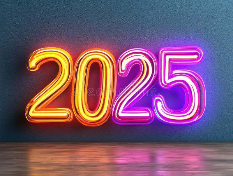 Bright Neon Numbers 2025 Glowing Against Textured Wall, Creating ...