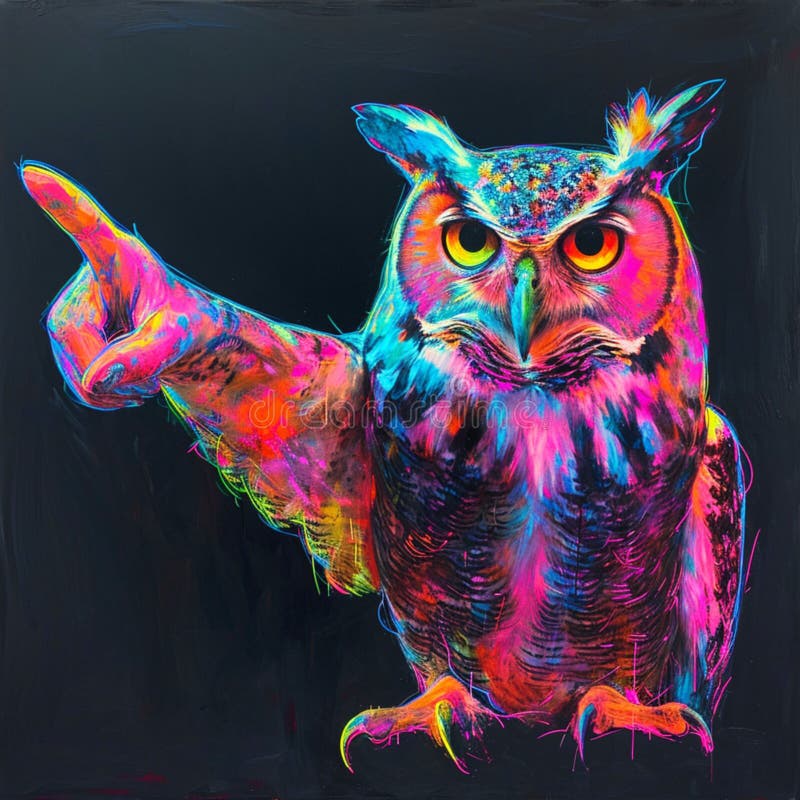 A Bright Neon Owl with a Pointing Gesture on a Dark Background. Stock ...