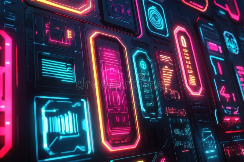 Digital Interface with Vibrant Neon Displays and Futuristic Designs ...