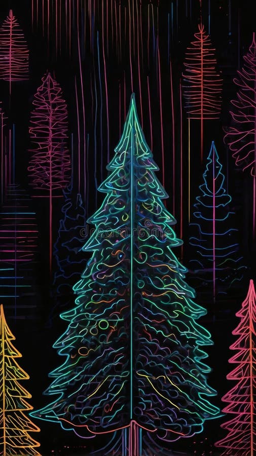 Bright Neon Pine Trees Shining in a Dark Forest Stock Photo - Image of ...