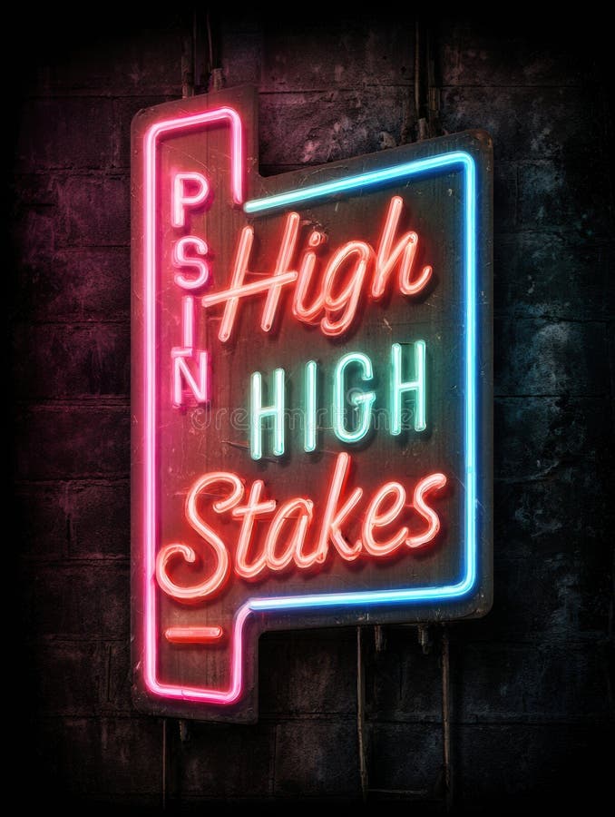 Bright Neon Sign Displaying the Phrase High Stakes with a Blinking ...