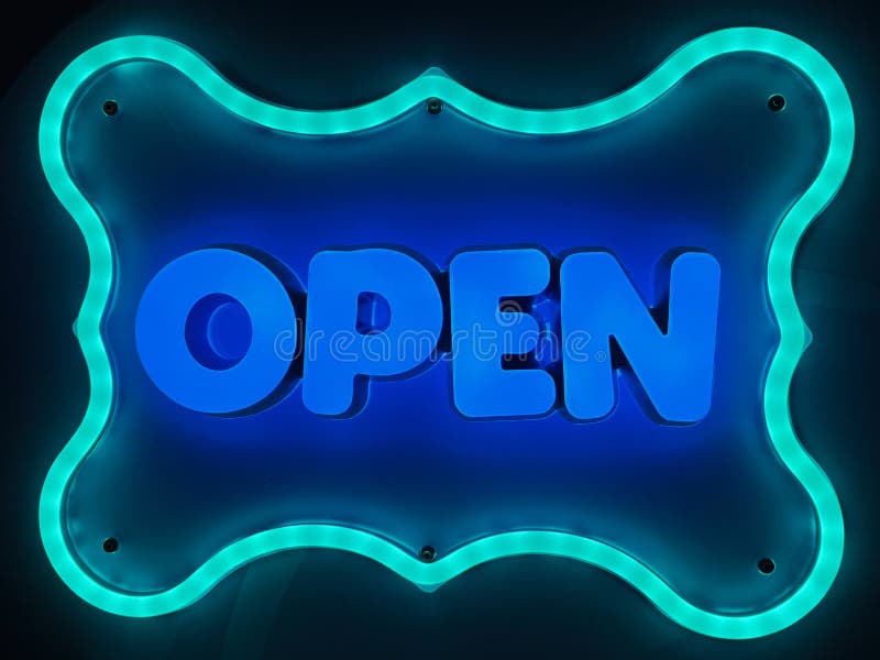 Bright Neon Sign Displaying the Text Open with Glowing Blue Lighting ...