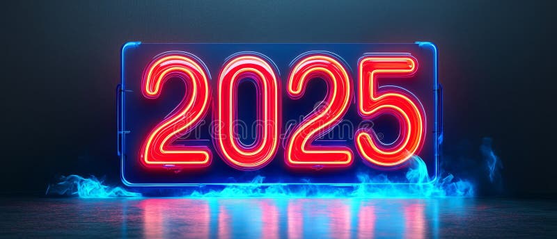 Bright Neon 2025 Sign with Red and Blue Lights Symbolizing the Future ...