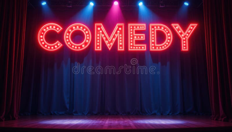 Bright Neon Sign Reading COMEDY Illuminated on Stage, Creating Lively ...