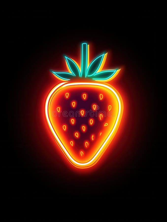 Bright Neon Strawberry Sign with Glowing Lights on Black Background ...
