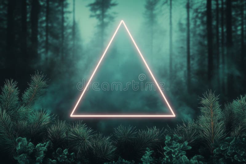 Bright Neon Triangle Surrounded by Dark Evergreen Branches in a Forest ...