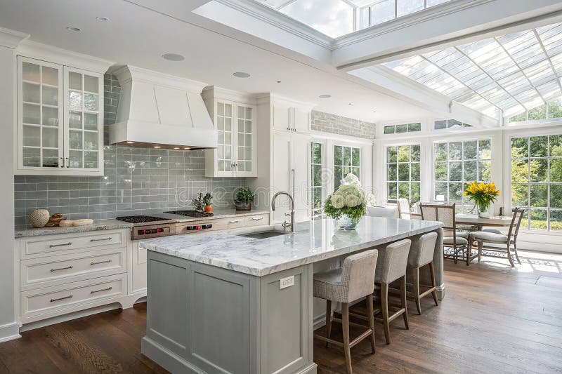 Bright and Neutral Kitchen with Glossy Gray Subway Tile Backsplash ...