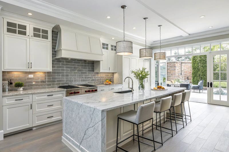 Bright and Neutral Kitchen with Glossy Gray Subway Tile Backsplash ...