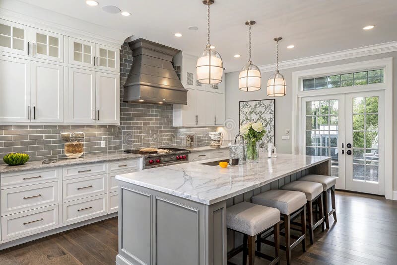 Bright and Neutral Kitchen with Glossy Gray Subway Tile Backsplash ...