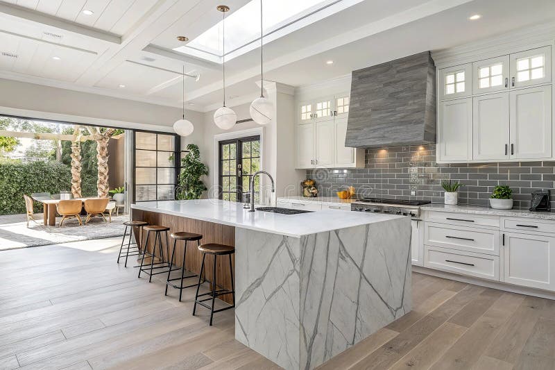 Bright and Neutral Kitchen with a Large Marble Waterfall Island ...