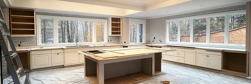 Bright, New, Unfinished Kitchen with Cabinets, Island, and Large ...