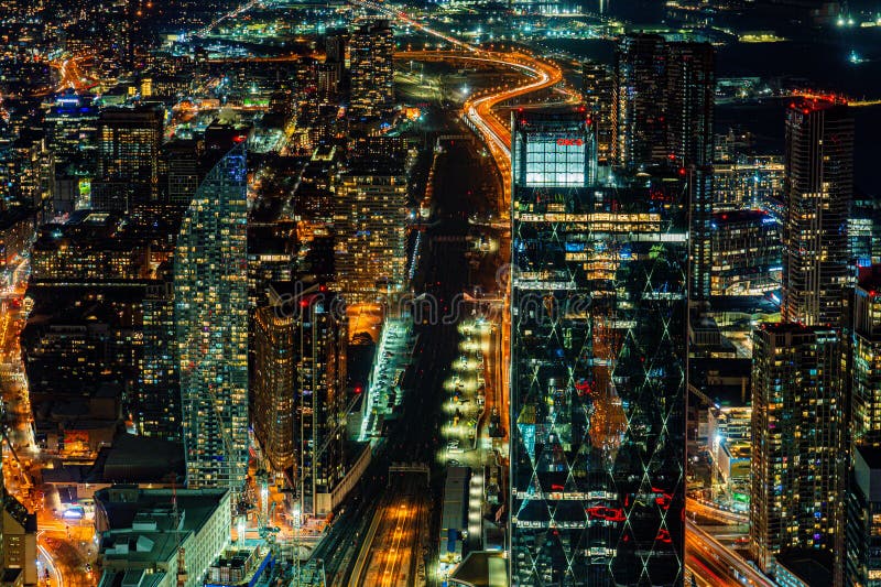 Bright night city skyline editorial stock image. Image of light - 311264834