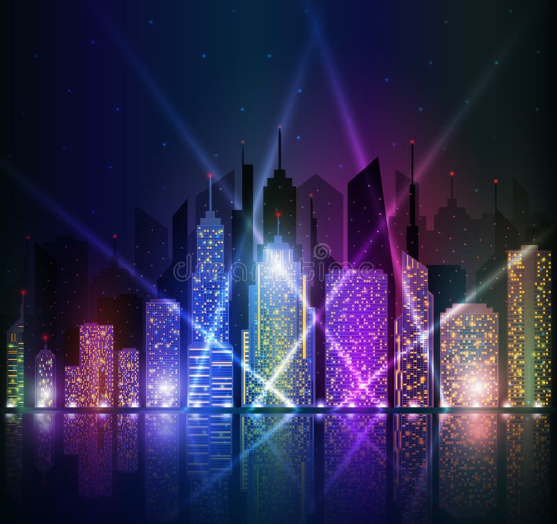 Bright night cityscape stock vector. Illustration of light - 56573716