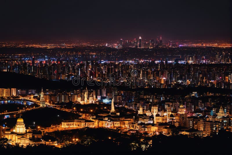 Bright Night View of Bustling City Stock Illustration - Illustration of ...