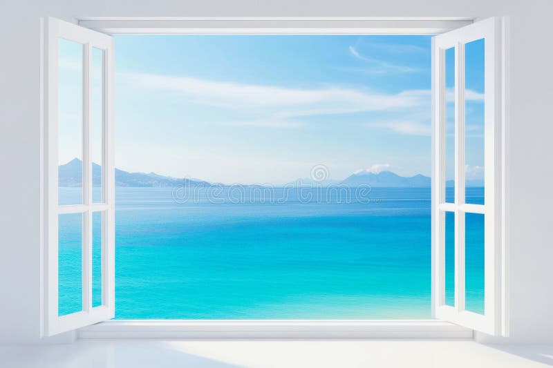 Bright Ocean View through Open Window in a Modern Coastal Setting ...