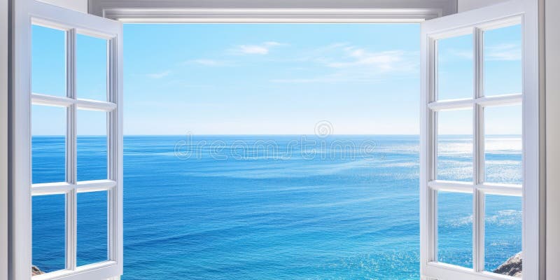 Bright Ocean View from Open Windows Overlooking Calm Blue Waters in a ...