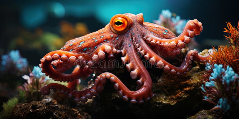A Bright Octopus, with Its Unique Colors, Swims in the Ocean Surrounded ...