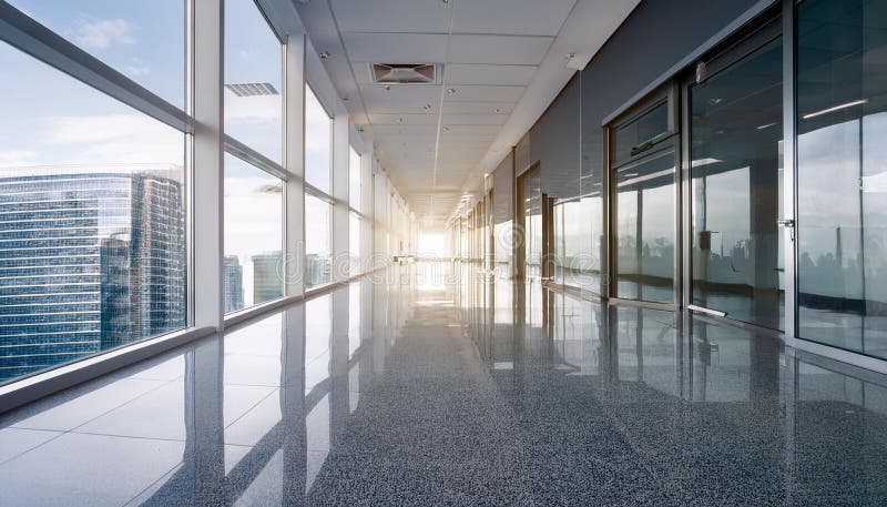 Bright Office Corridor with Reflections. 3D Rendering Stock Illustration - Illustration of ...