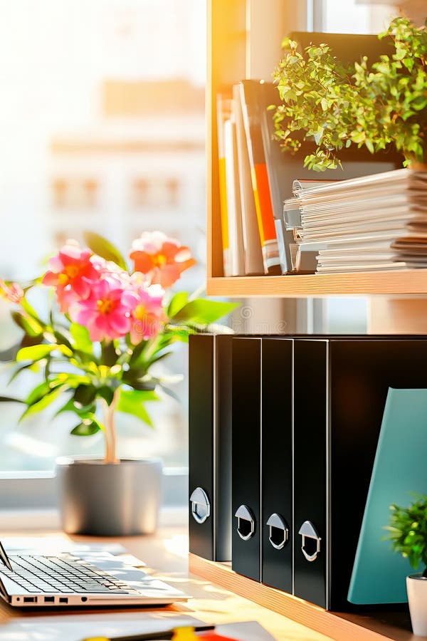 Bright Office Desk with Floral Accents and Organized Workspace Stock ...