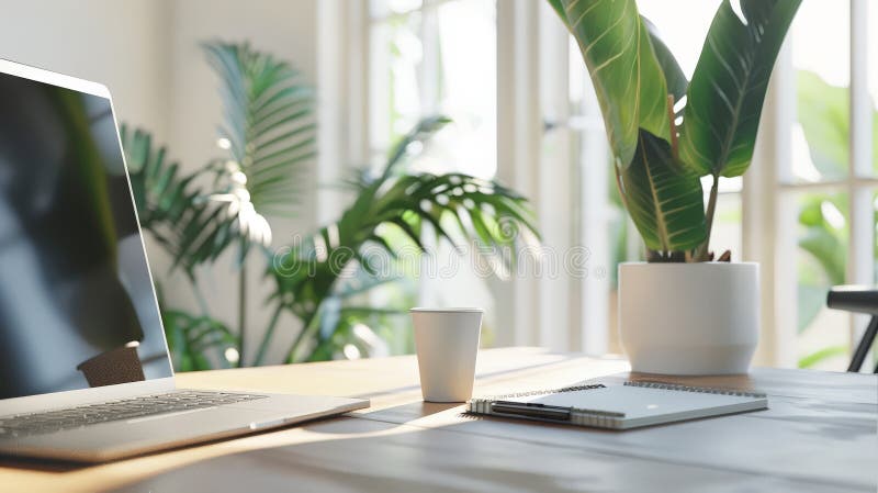 Bright Office Desk with a Laptop and a Coffee Cup. Perfect for a Modern ...