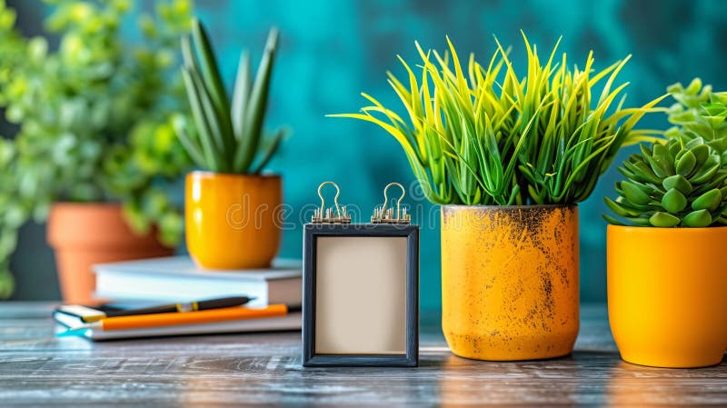 Bright Office Desk with Potted Plants and Frame Stock Image - Image of ...
