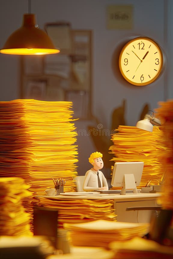 Bright Office Desk with Stacked Papers, Clock, Computer, Lamp, and ...