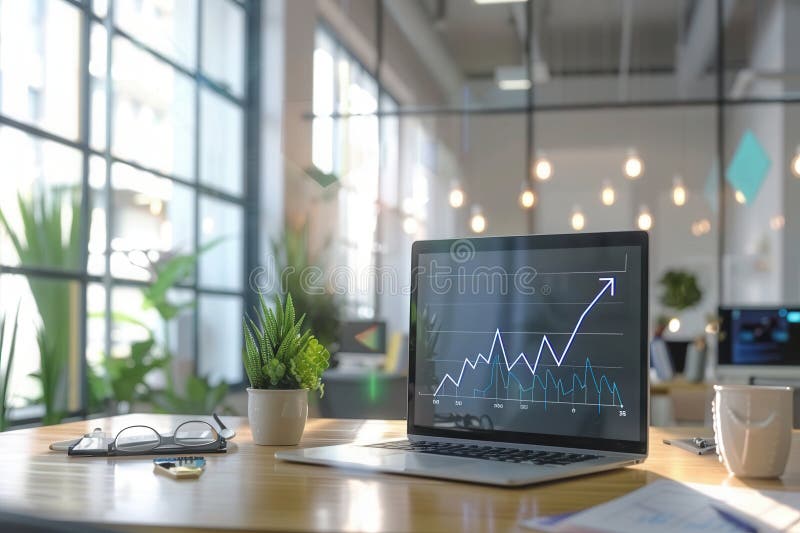 Bright Office Features a Laptop with a Rising Growth Graph, Surrounded ...