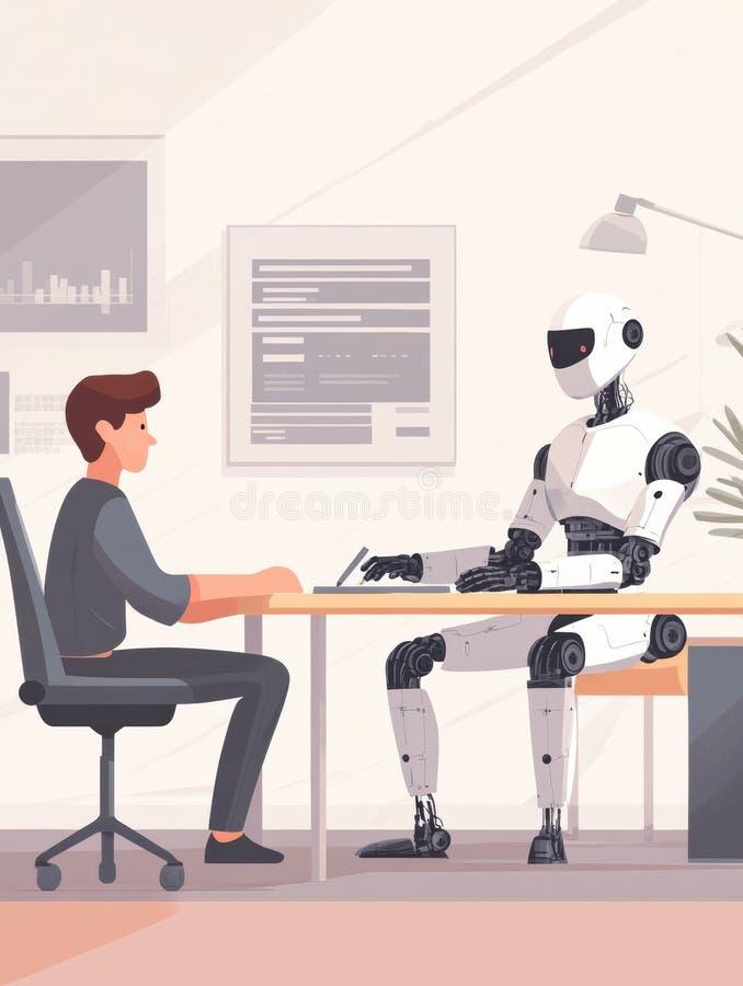 Human and Robot Collaborate on Project in Modern Office Space during ...