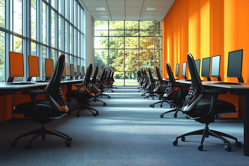 Bright Office Interior, Desks with Computers, Black Chairs, Large ...