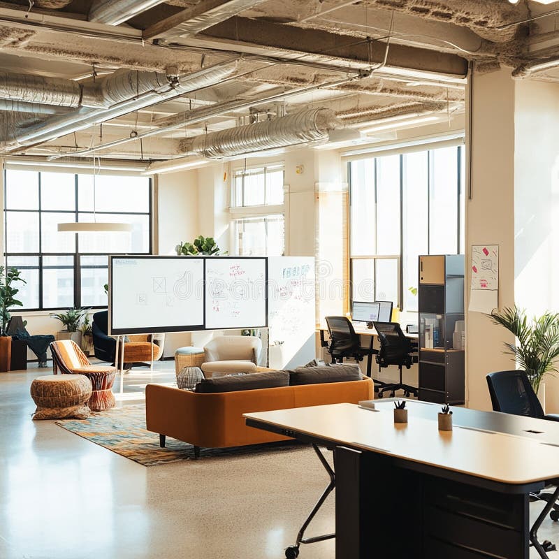 Creative Open Office Space with Modern Furniture and Large Windows ...