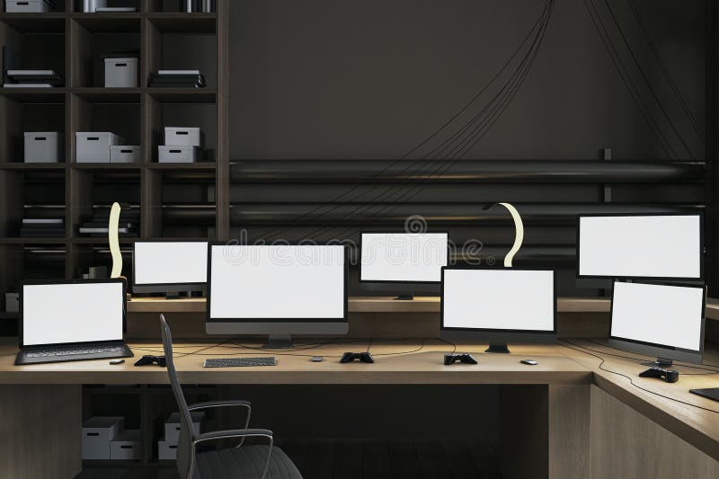Bright Office Interior with Multiple Empty White Computer Monitors on ... Bright Office Interior with Multiple Empty White Computer Monitors on ...