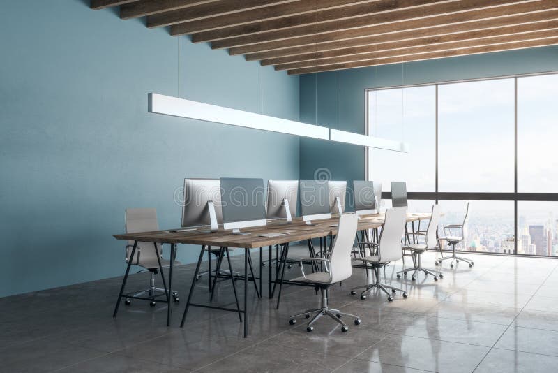 Bright Office Interior with NY View Stock Illustration - Illustration ...