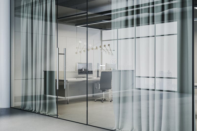 Bright Office Interior with Reception Desk, Glass Partitions and ...