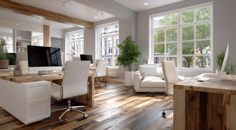 Bright Office Interior with White Desks, Chairs, and Large Windows ...